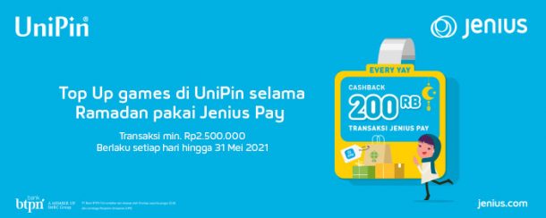 Promo Jenius Pay: Cashback 200 Ribu Top Up Game di UniPin