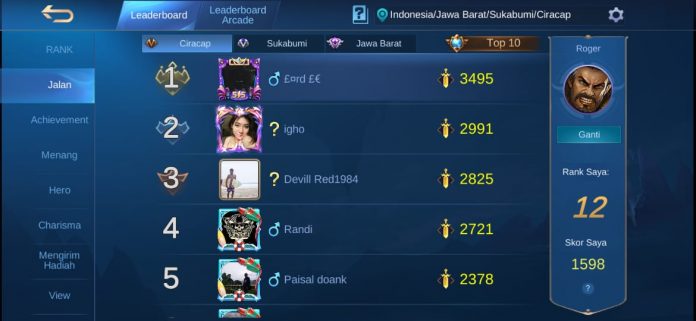 Cek peringkat player di leaderboard