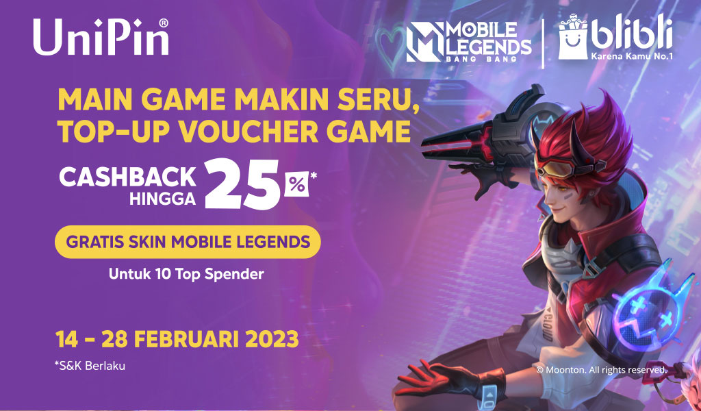 Promo Cashback 25% Diamonds MLBB dan GRATIS Item Codes di Blibli - UniPin