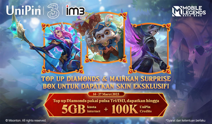 Top Up Diamond Pakai Pulsa Tri&IM3, Main Suprise Box Dapat Skin