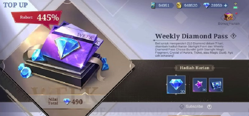 Weekly Diamond Pass ML: Keuntungan, Jumlah, hingga Top up Weekly Diamond Pass ML: Keuntungan, Jumlah, hingga Top up