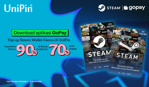 Beli Voucher Steam Diskon hingga 90% & Bonus Cashback 70% Koin GoPay!