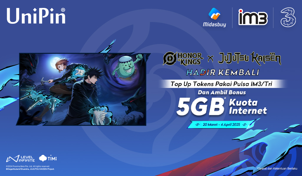 Kolaborasi HOK x Jujutsu Kaisen - Top Up Tokens Pakai Pulsa IM3/Tri Bonus Kuota Internet hingga ...