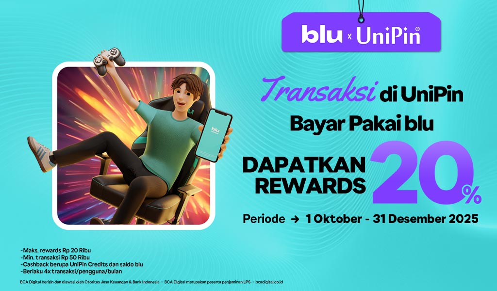Top Up Game di UniPin pakai blu dan dapatkan Rewards 20% - UniPin